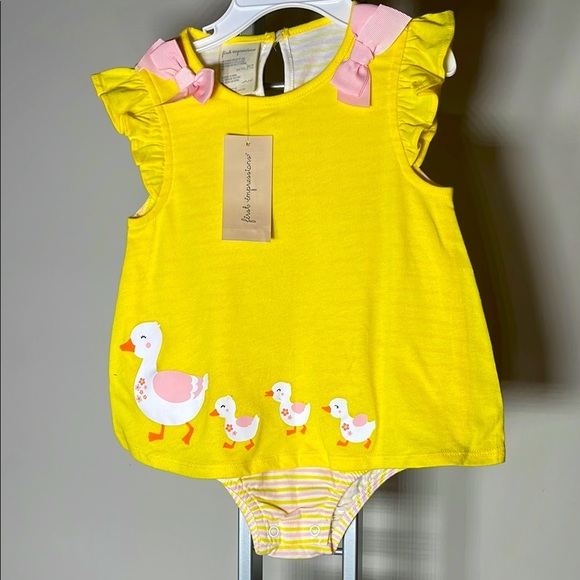 First Impressions | One Pieces | Yellow Baby Dress With Pink Bow ...